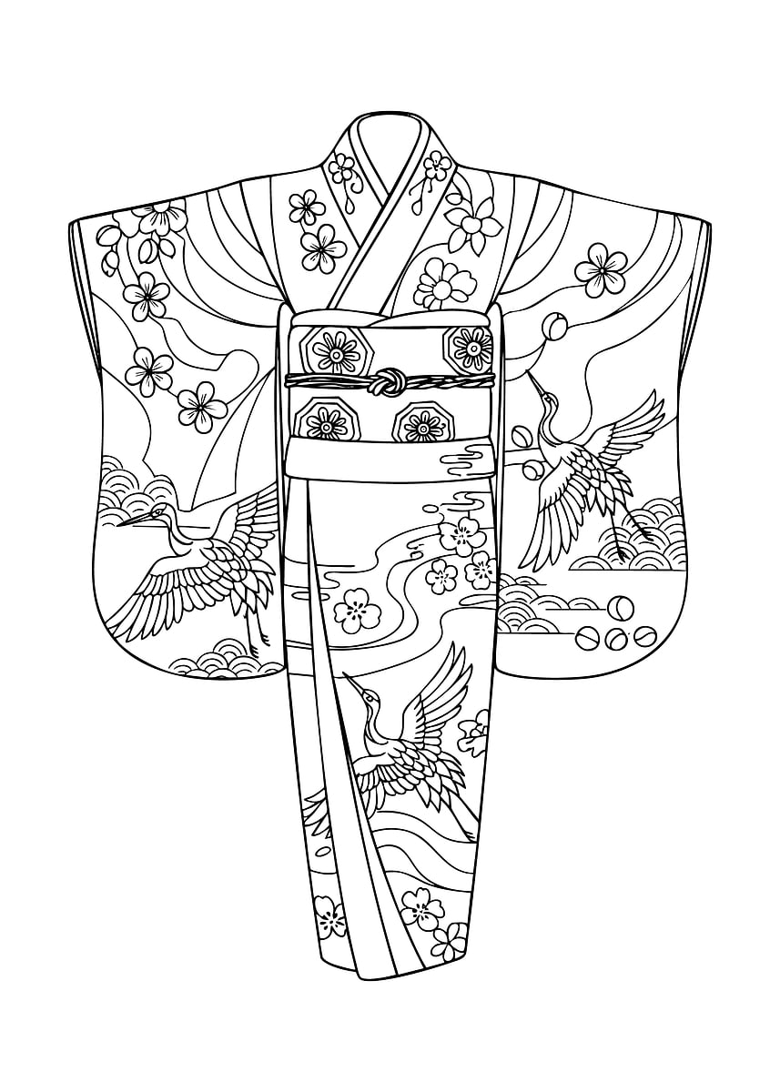 'Kimono Outline with Cranes and Flowers' Poster, picture, metal print ...