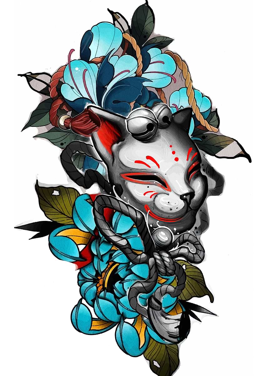 'Cat Mask with Flowers and Rope' Poster, picture, metal print, paint by ...