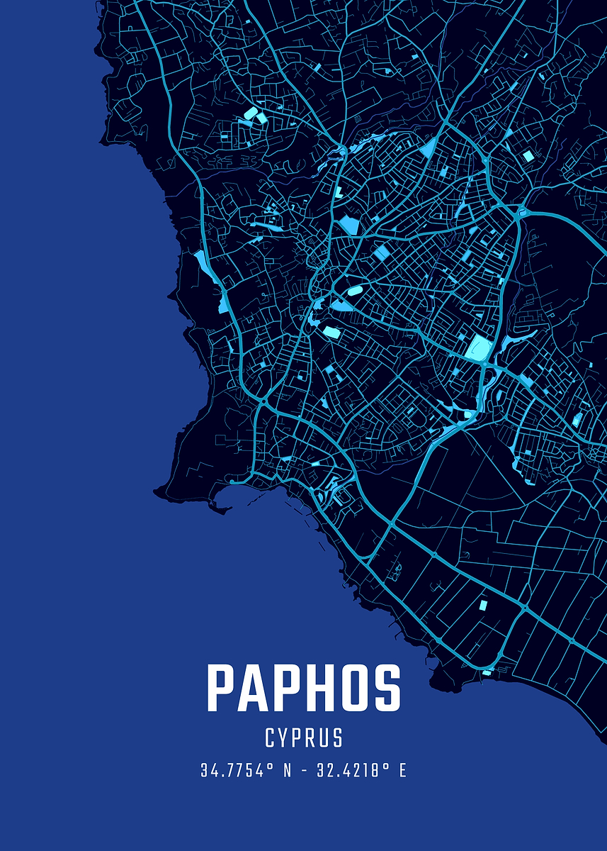 'Paphos Midnight City Map' Poster, picture, metal print, paint by ...