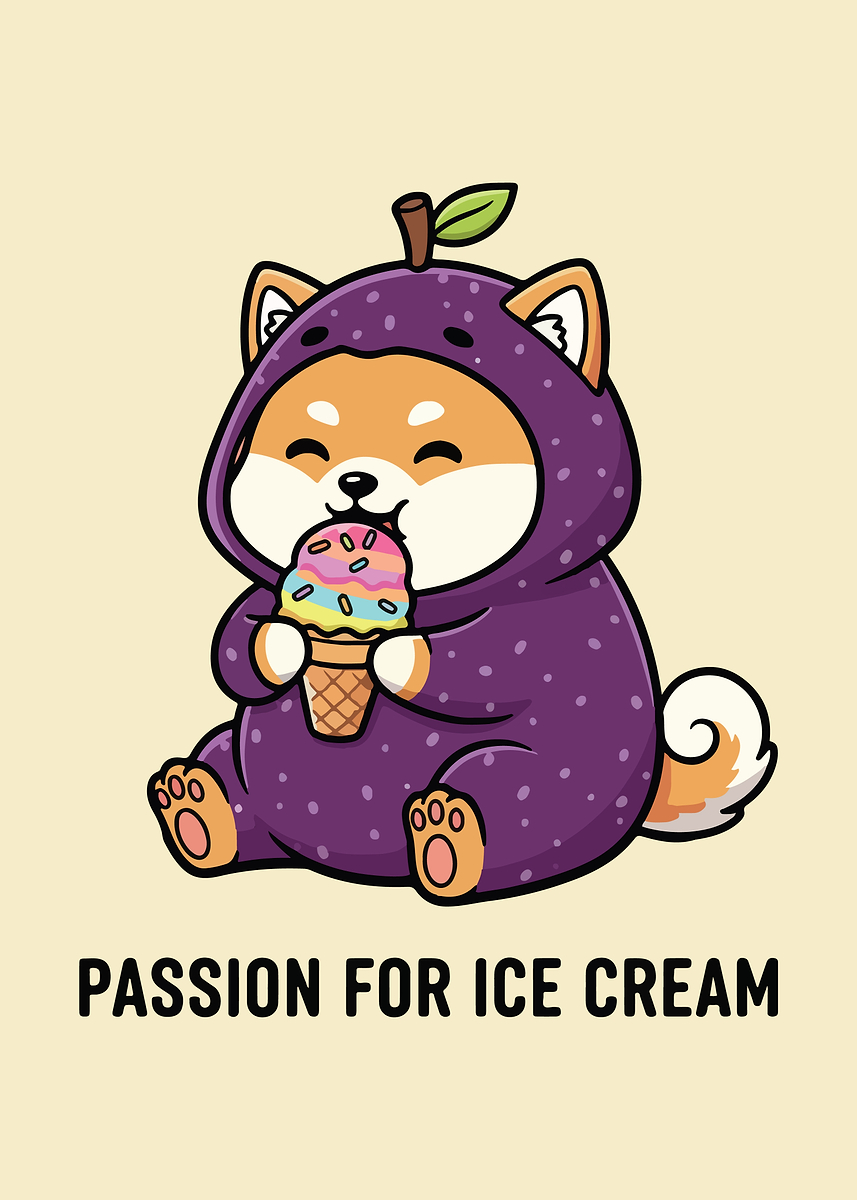 'Dog in Passion Fruit Costume Eating Ice Cream' Poster, picture, metal ...