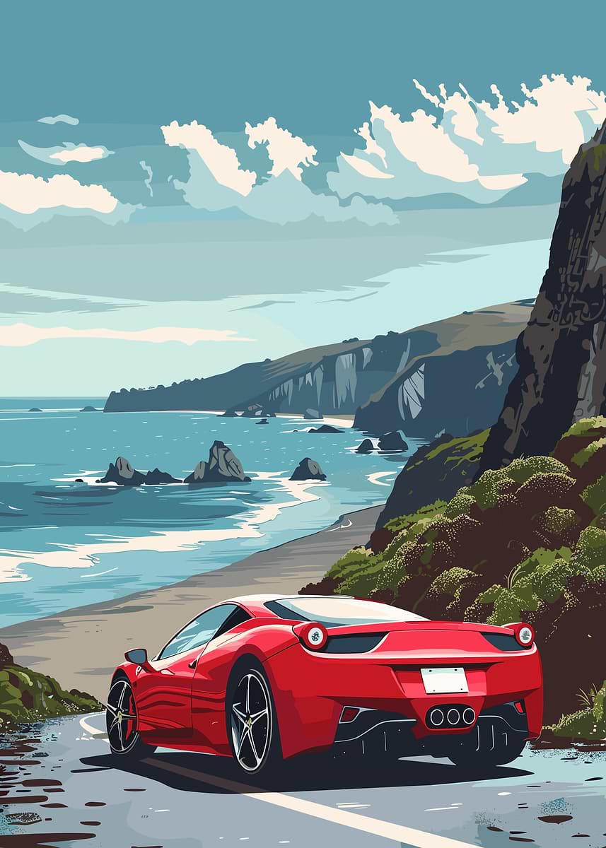 'Red Sports Car Coastal Drive' Poster, picture, metal print, paint by ...