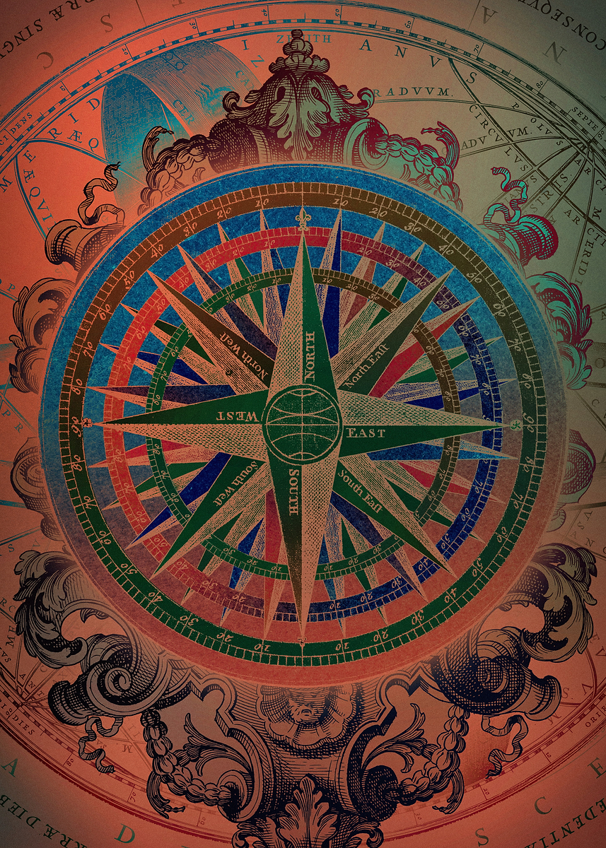 'Vintage Compass Rose on Map Background' Poster, picture, metal print ...