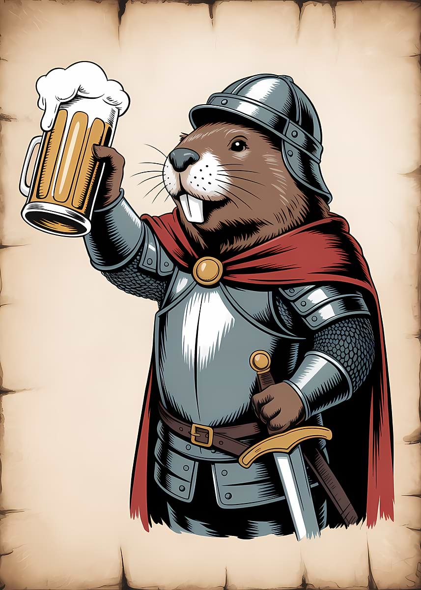 'Beaver Knight with Beer' Poster, picture, metal print, paint by ...