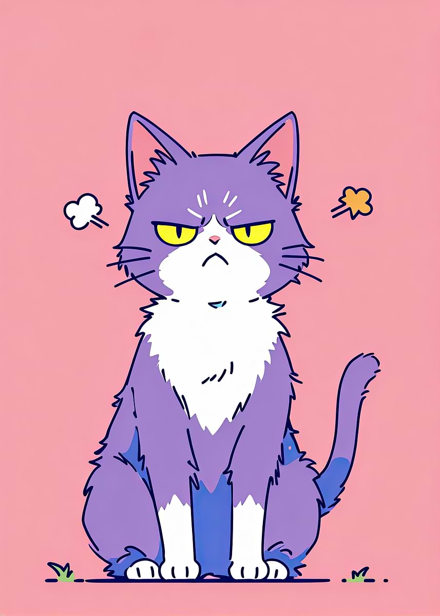 'Grumpy Purple Cat Cartoon Illustration' Poster, picture, metal print ...