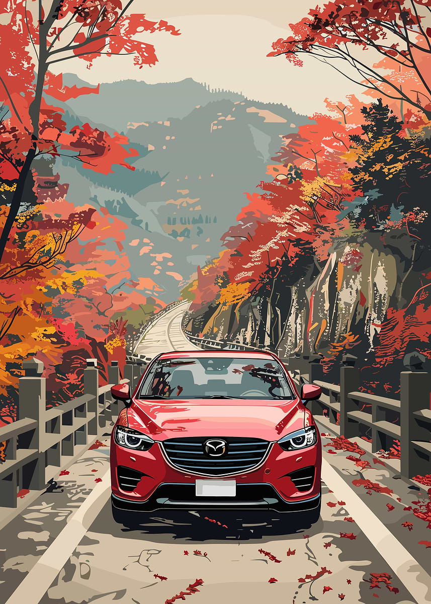 'Red Car Autumn Road Trip' Poster, picture, metal print, paint by Logan ...
