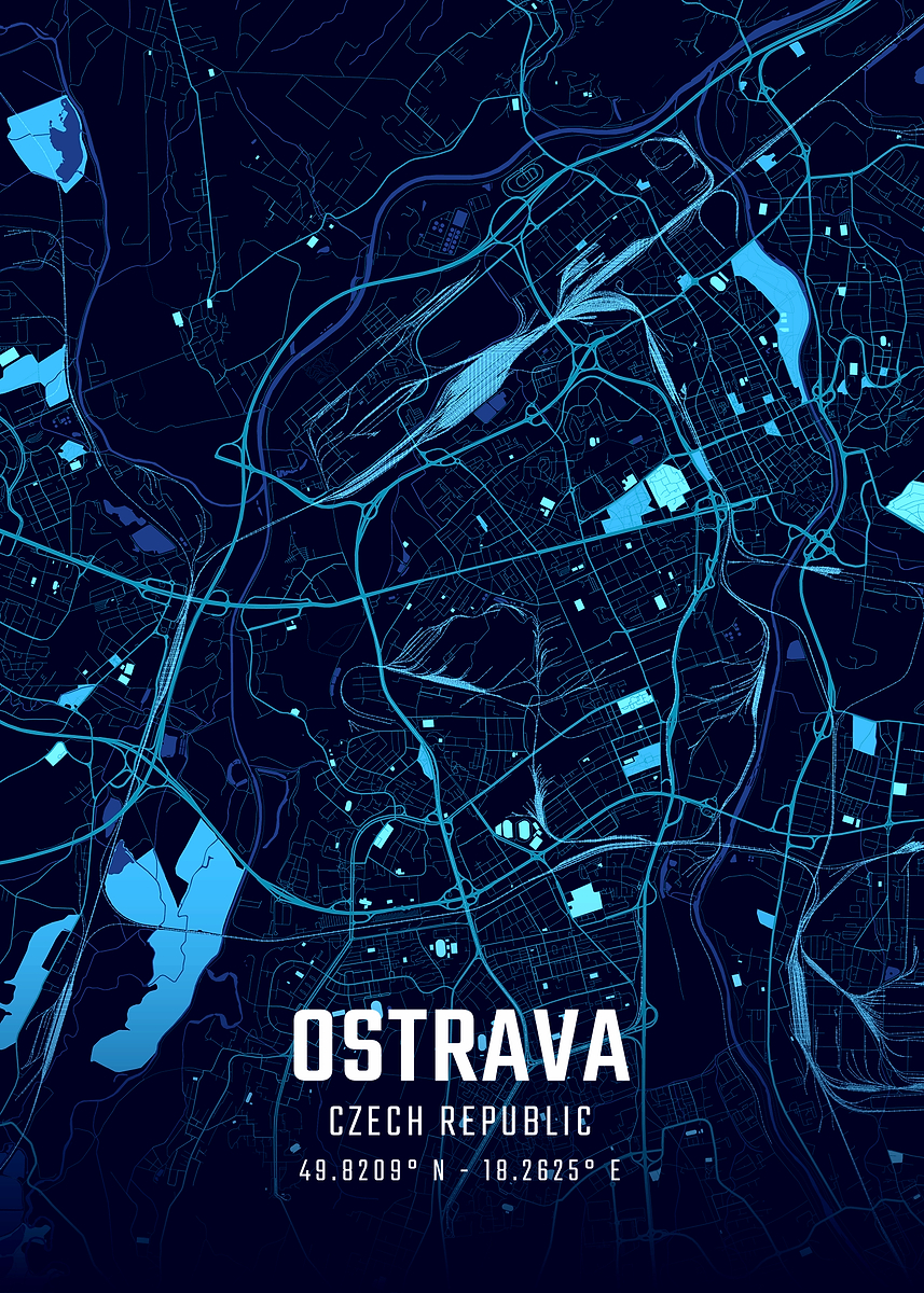 'Ostrava Midnight City Map' Poster, picture, metal print, paint by ...