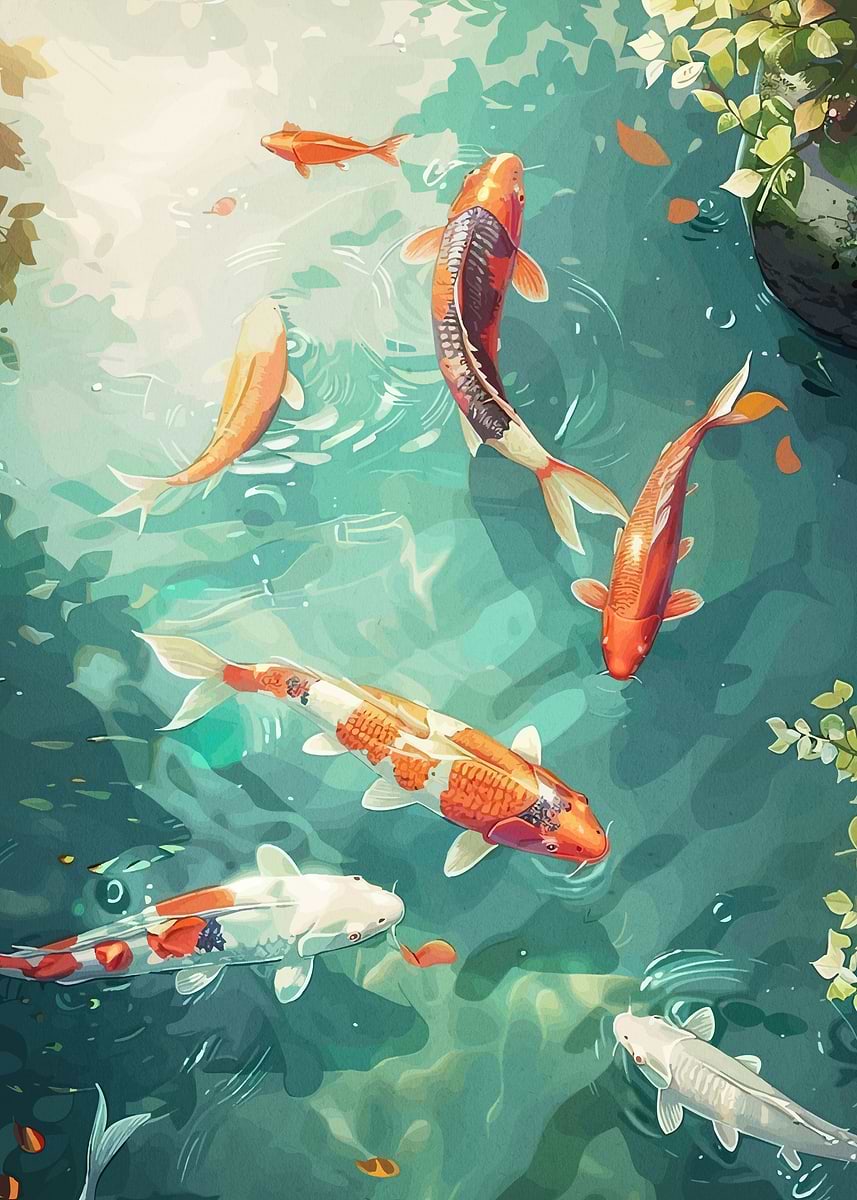 'Koi Fish Pond Serenity' Poster, picture, metal print, paint by ...