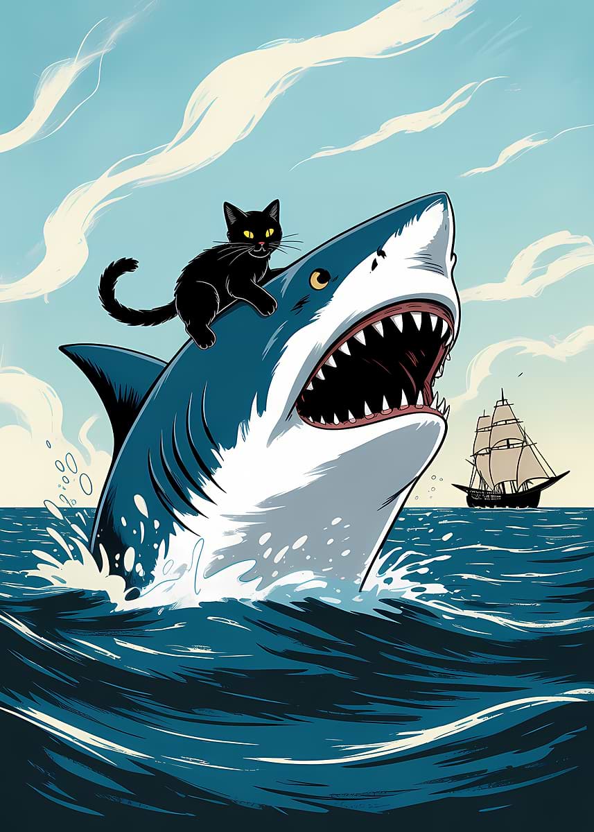 'Cat riding a shark illustration' Poster, picture, metal print, paint ...