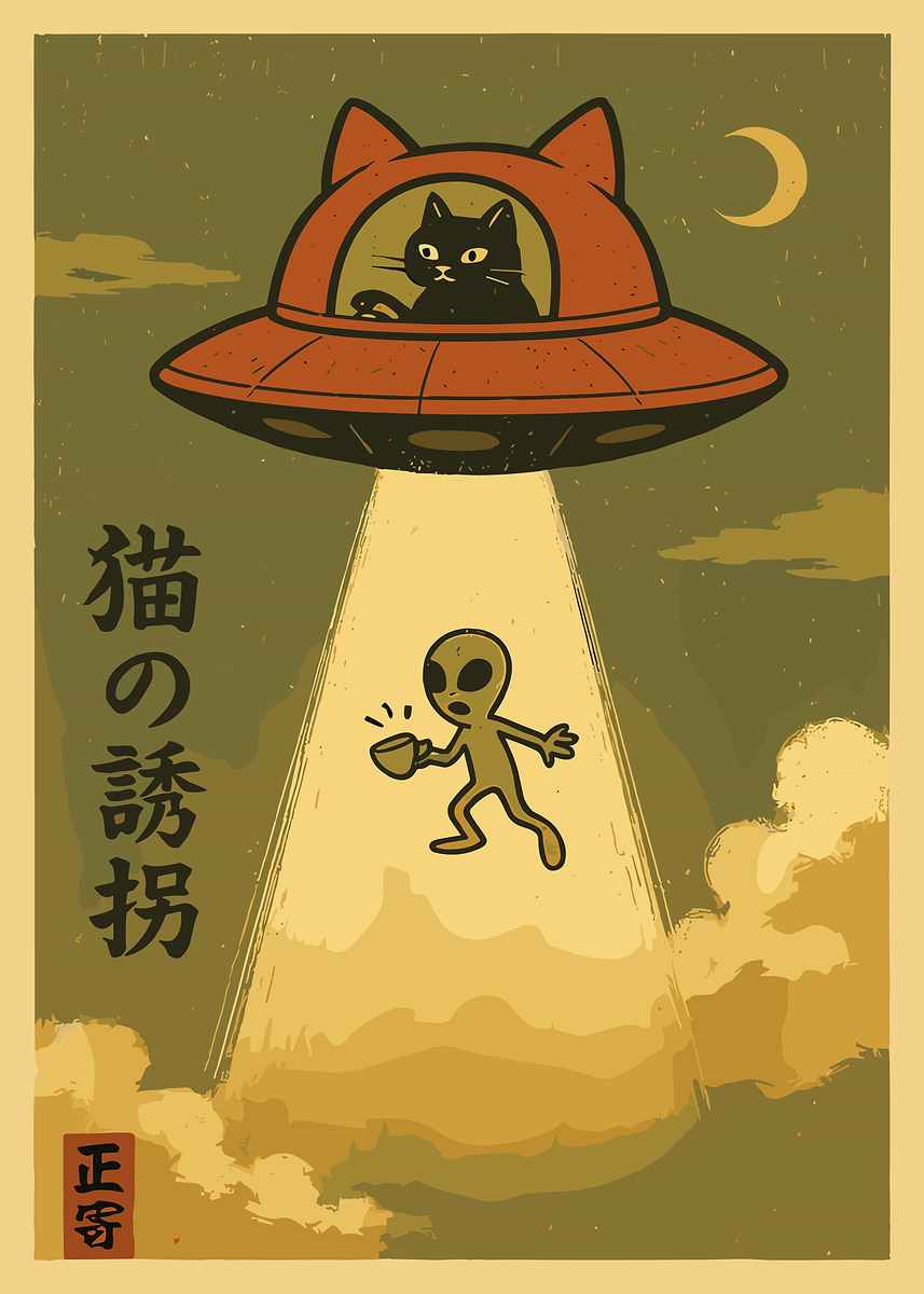 'Cat Abduction Print, Cat being abducted by a UFO Poster, Crazy Cat ...