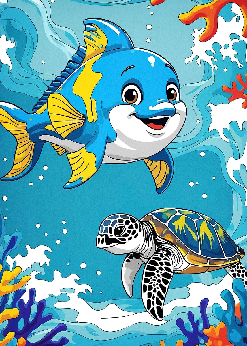 'Cartoon Fish Turtle Underwater Scene' Poster, picture, metal print ...