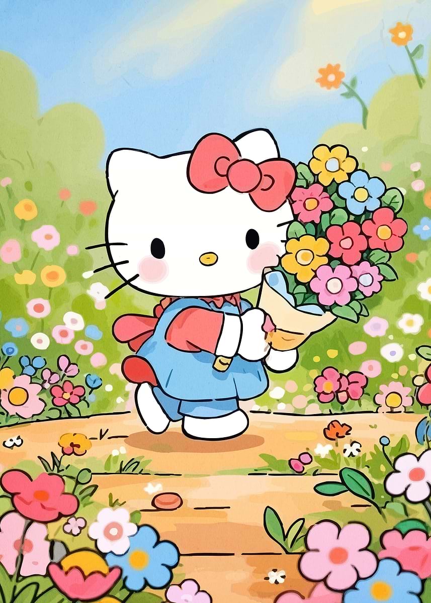 'Hello Kitty Flowers Garden' Poster, picture, metal print, paint by ...
