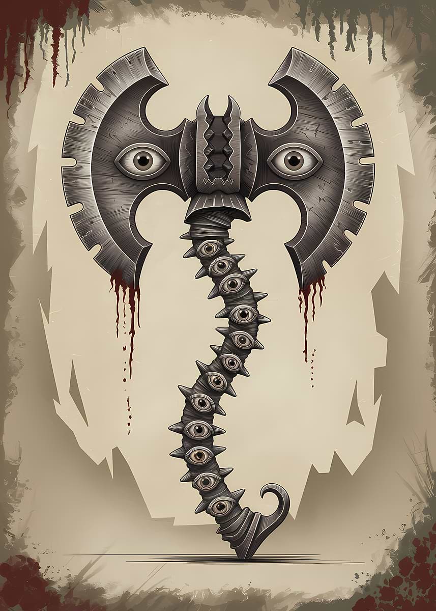 'Eye-Adorned Battle Axe' Poster, picture, metal print, paint by ...