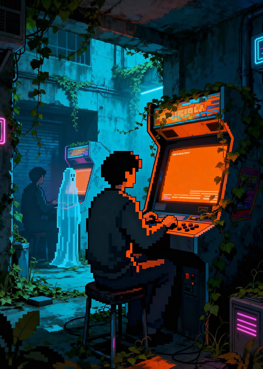 'Pixelated Arcade Scene with Players' Poster, picture, metal print ...