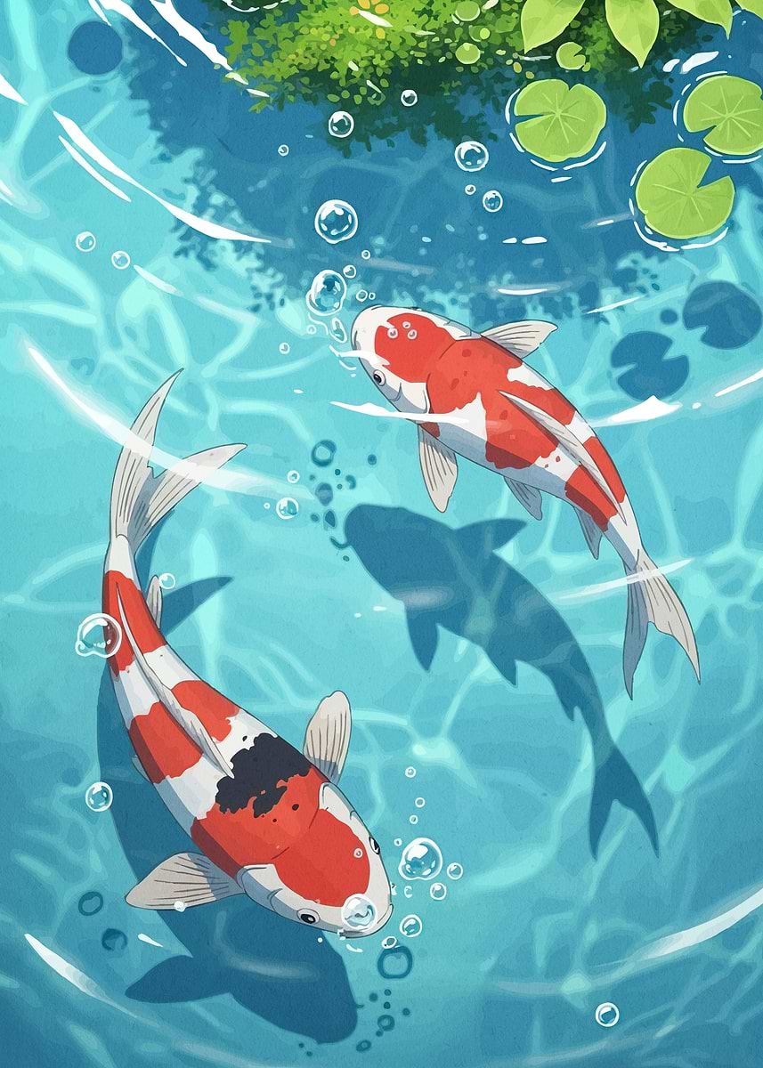 'Koi Fish in Pond ' Poster, picture, metal print, paint by Julianne ...