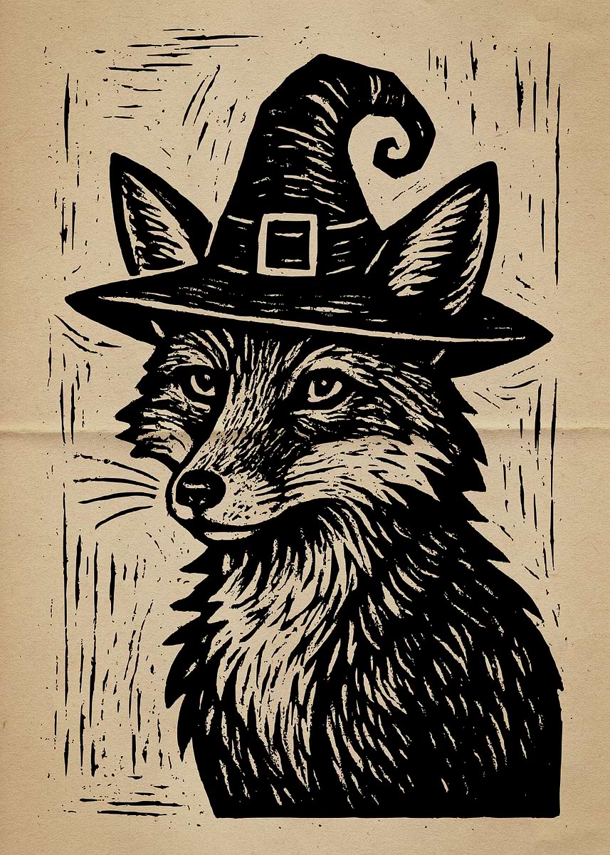 'Fox Witch Linocut Vintage' Poster, picture, metal print, paint by ...