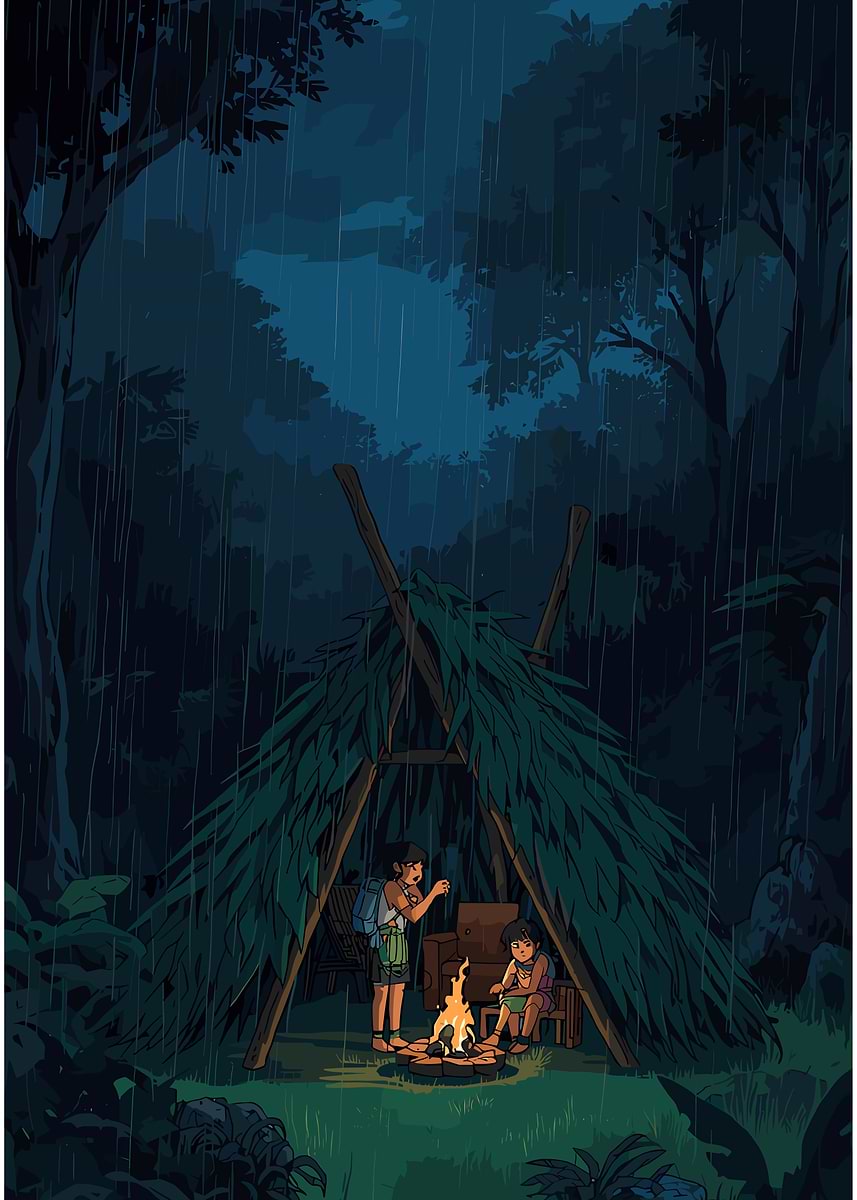 'Rainy Forest Campfire Scene' Poster, picture, metal print, paint by away | Displate