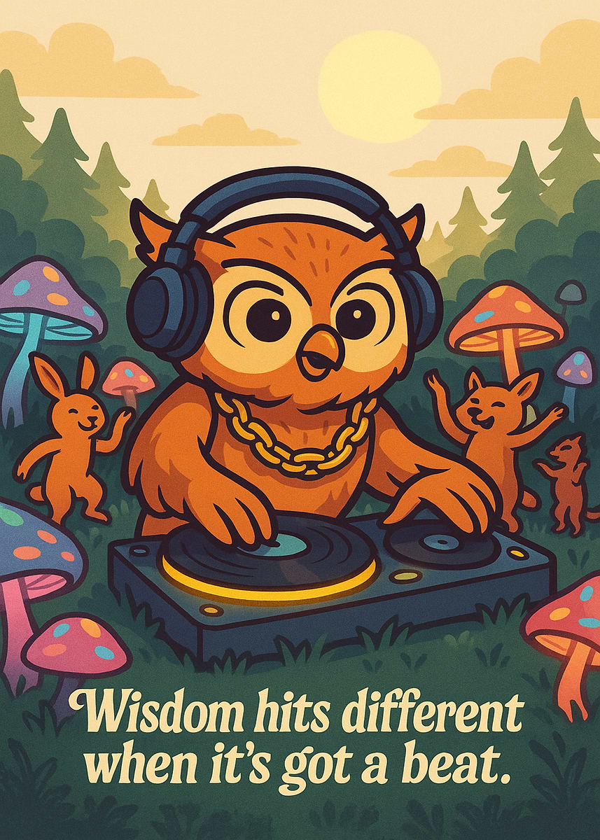 'Owl DJ in Mushroom Forest' Poster, picture, metal print, paint by ...