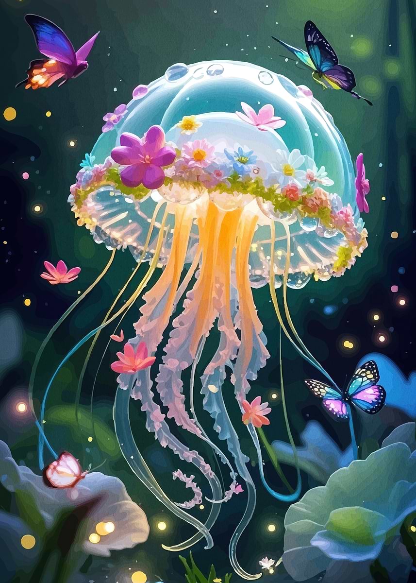 'Floral Jellyfish Butterflies' Poster, picture, metal print, paint by ...