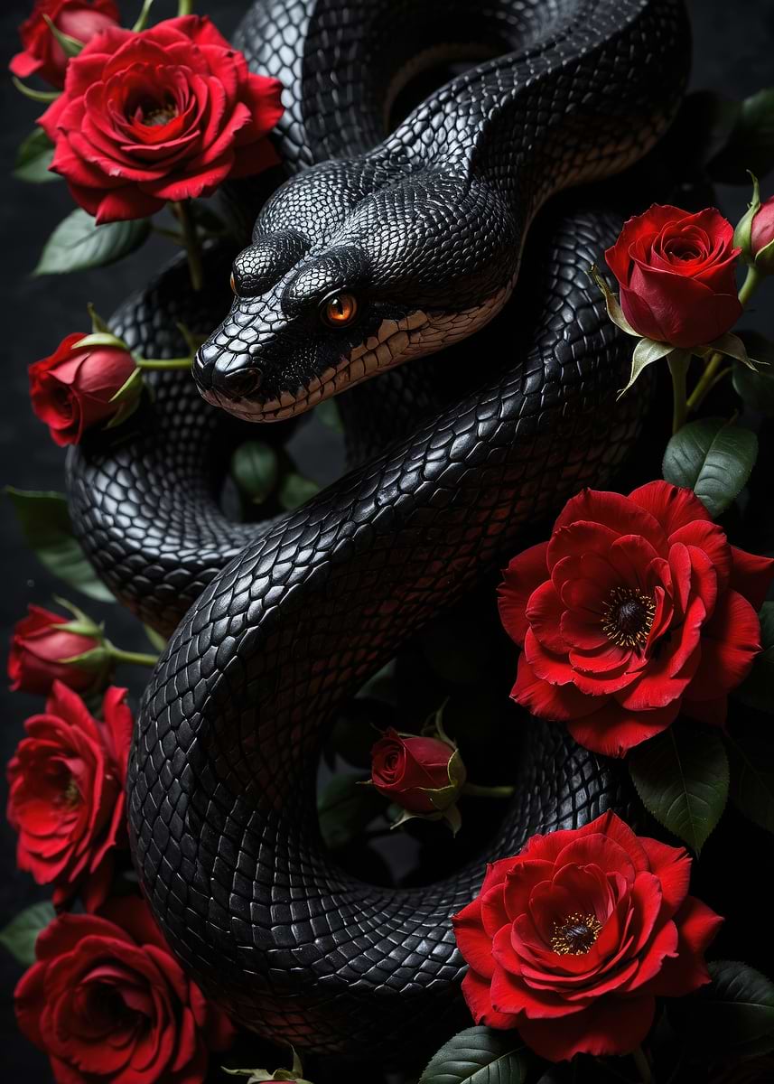 'Black Snake and Red Roses' Poster, picture, metal print, paint by ...