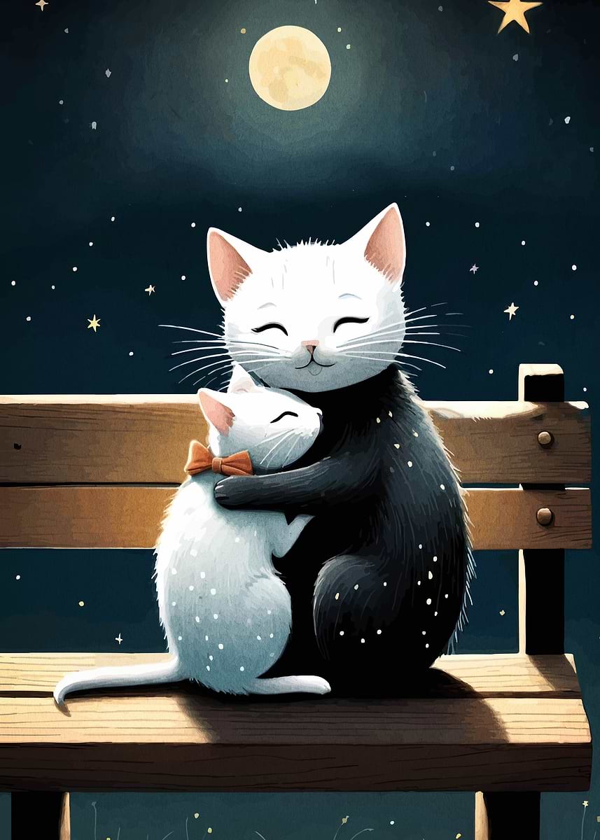 'Cats Hugging on Bench Under Moonlight' Poster, picture, metal print ...