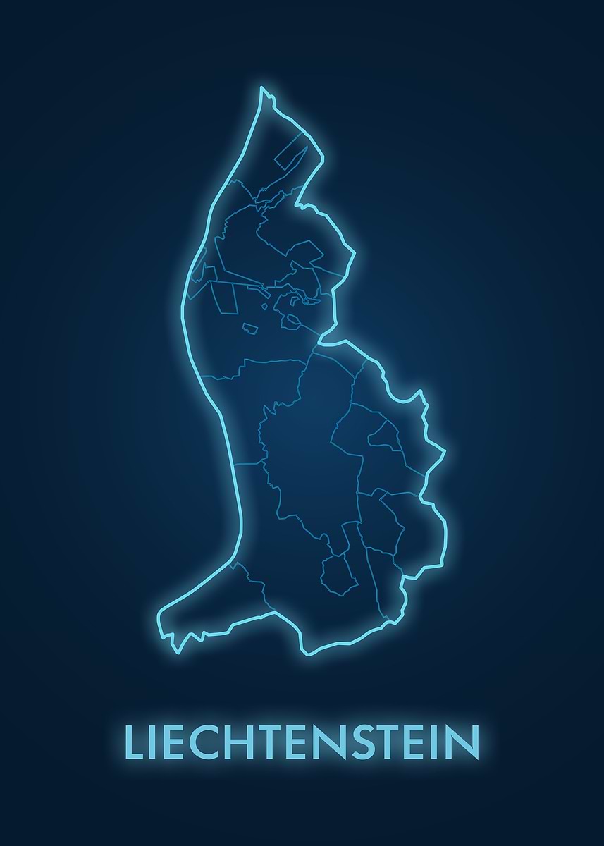 'Liechtenstein Map Neon Blue' Poster, picture, metal print, paint by ...