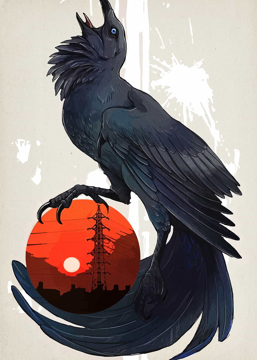 'Raven with Sunset and Power Lines' Poster, picture, metal print, paint ...
