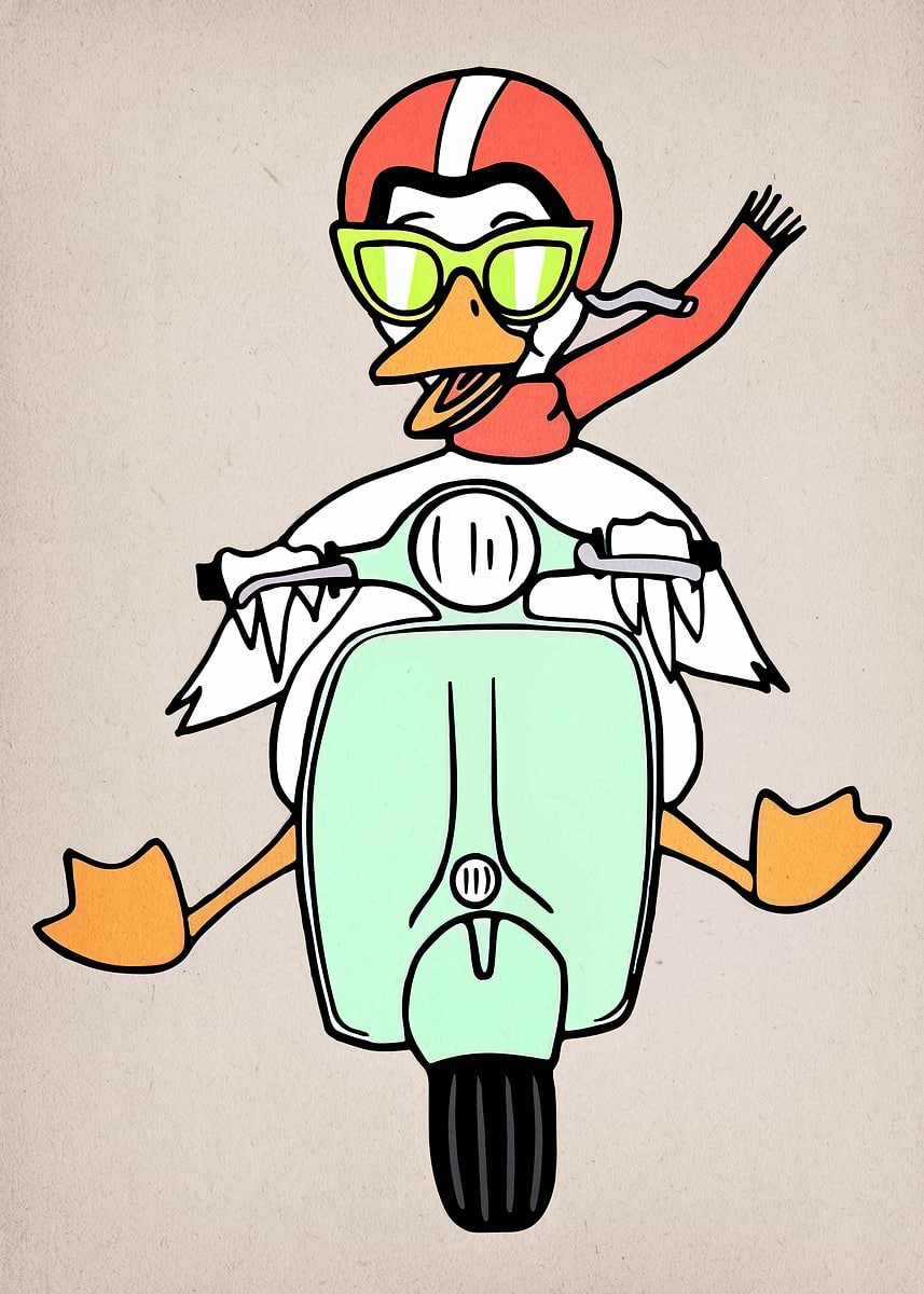'Duck on Scooter Cartoon Illustration' Poster, picture, metal print ...