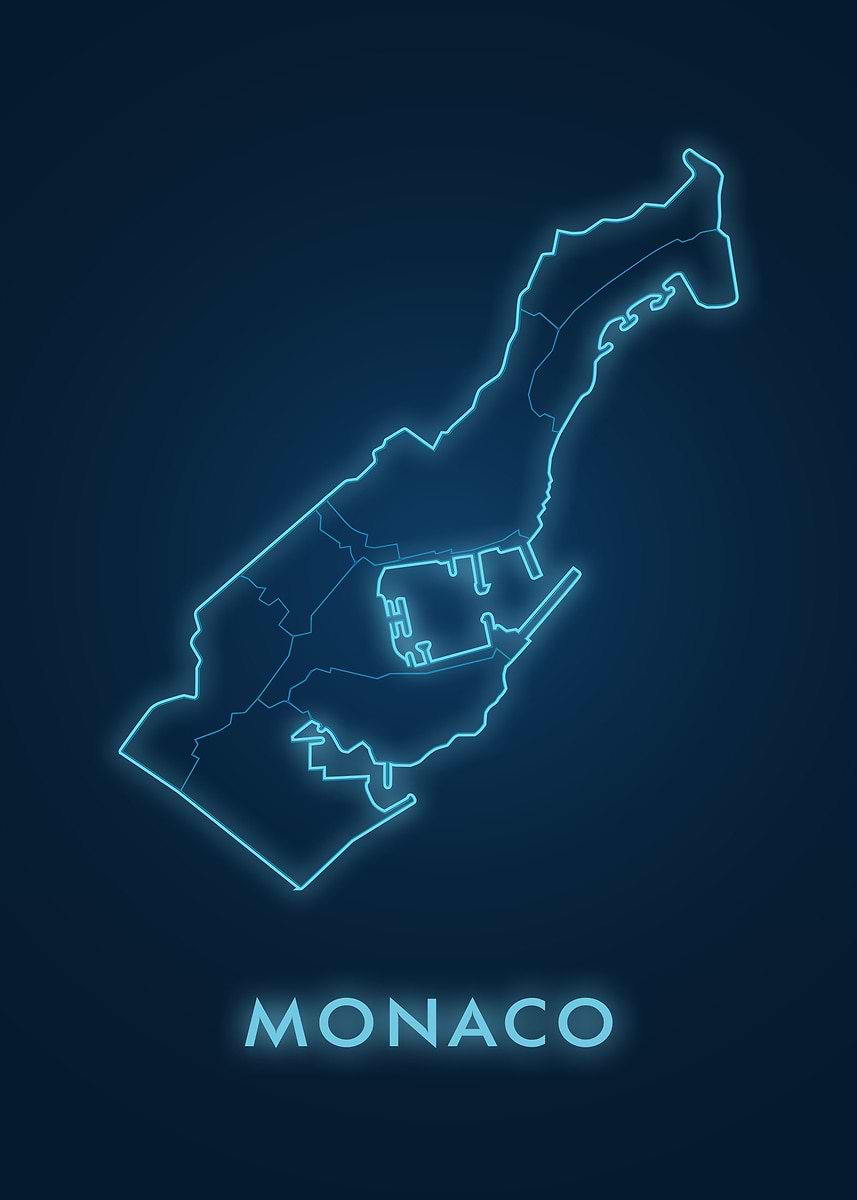 'Monaco Map Neon Outline' Poster, picture, metal print, paint by ...