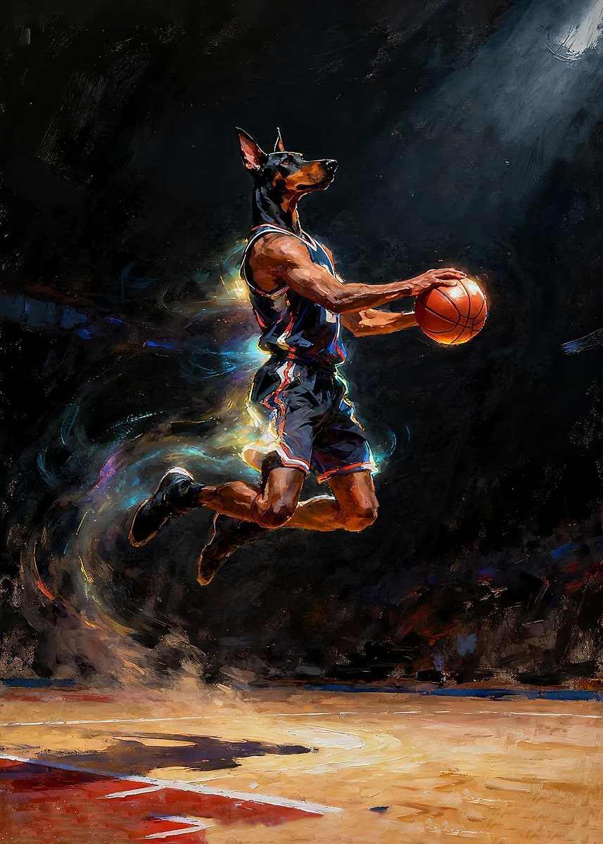 'Dog Basketball Player Dunking' Poster, picture, metal print, paint by ...