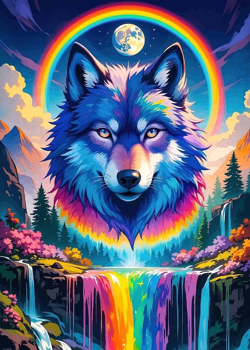 'Rainbow Wolf Waterfall Fantasy' Poster, picture, metal print, paint by ...