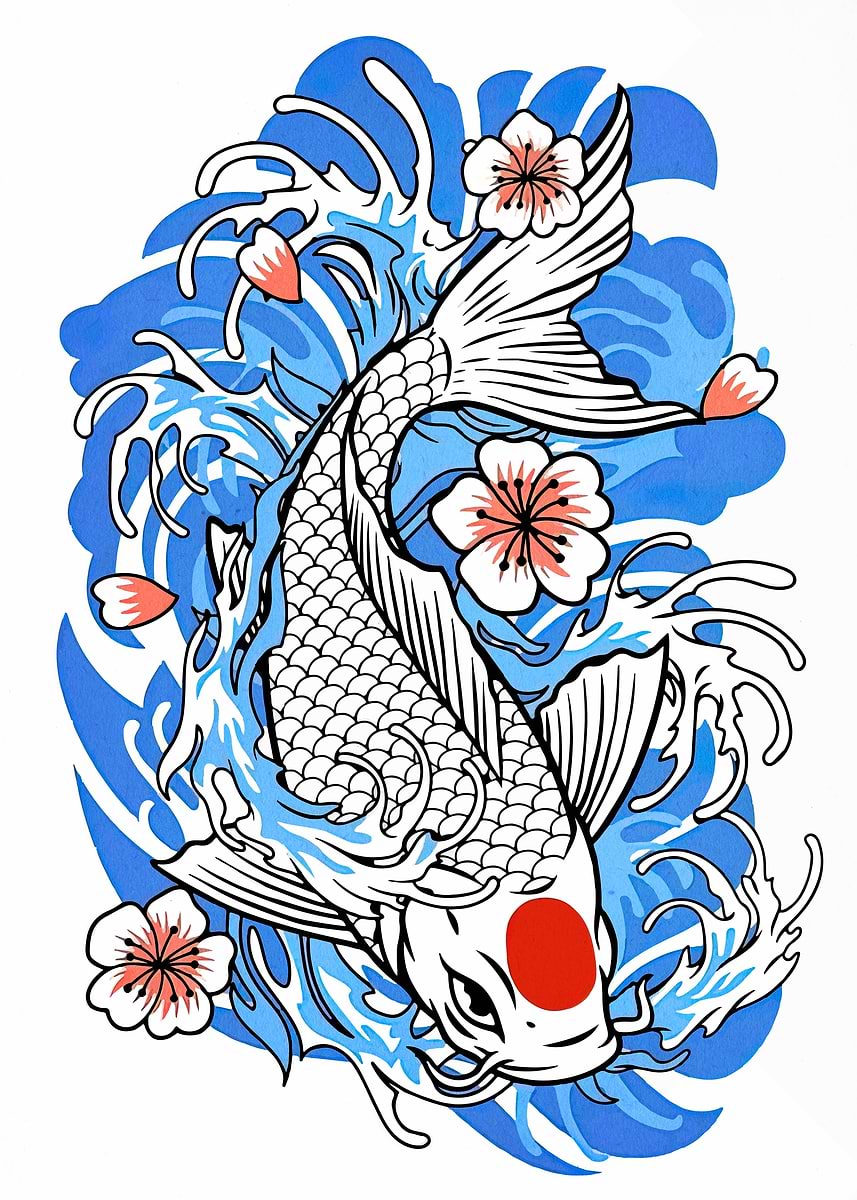 'Koi Fish with Cherry Blossoms' Poster, picture, metal print, paint by ...