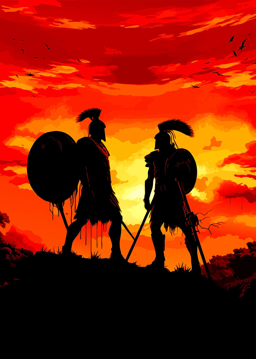 'Silhouette of Two Warriors at Sunset' Poster, picture, metal print ...