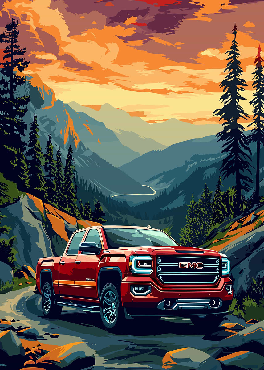 'Red GMC Truck in Mountain Landscape' Poster, picture, metal print ...