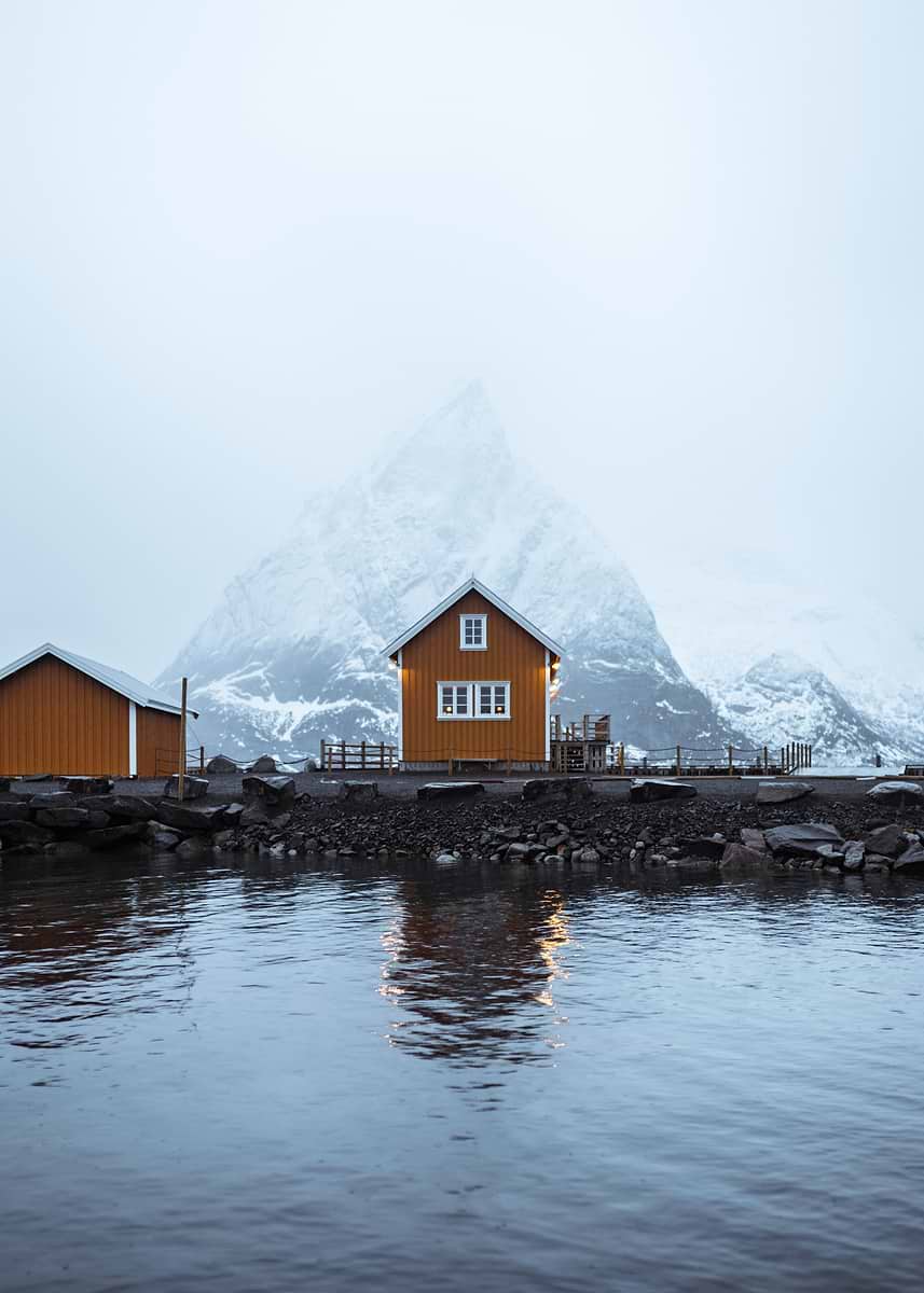 'Orange Cabin by Water with Mountain' Poster, picture, metal print ...
