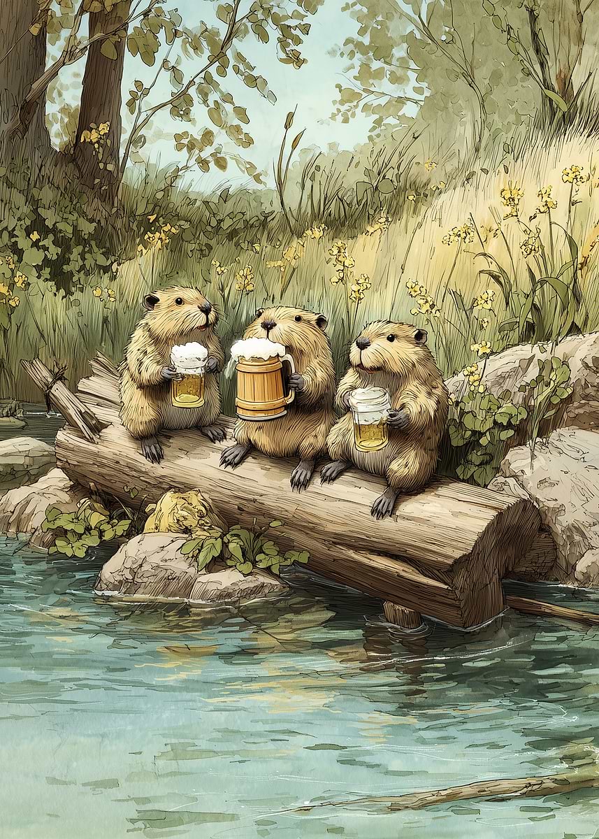'Beavers Drinking Beer on a Log' Poster, picture, metal print, paint by ...