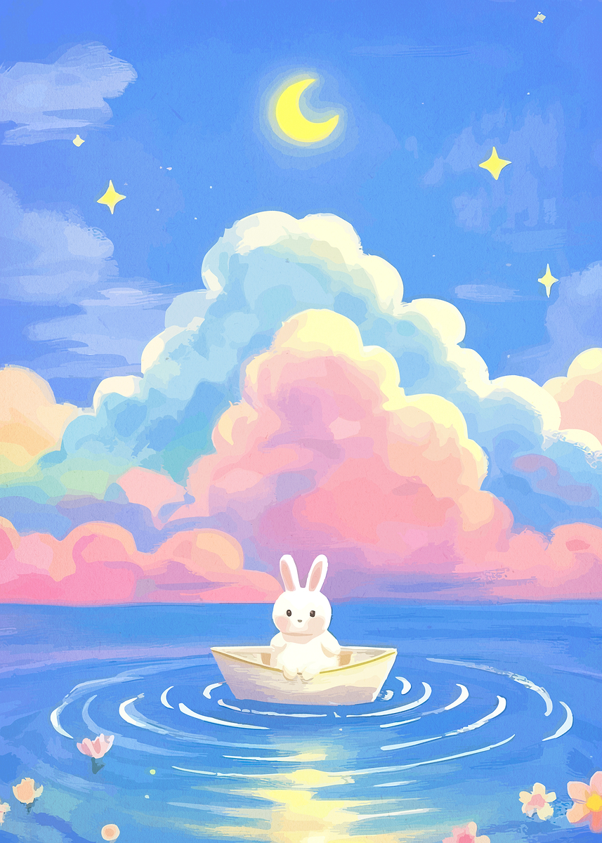 'Rabbit Boat Moonlit Sky' Poster, picture, metal print, paint by David ...