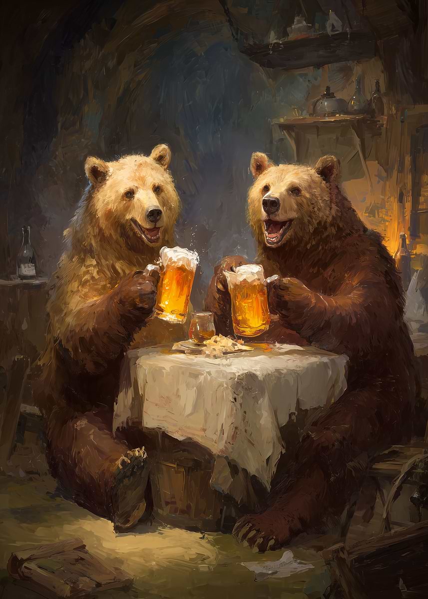 'Bears Drinking Beer at a Table' Poster, picture, metal print, paint by ...