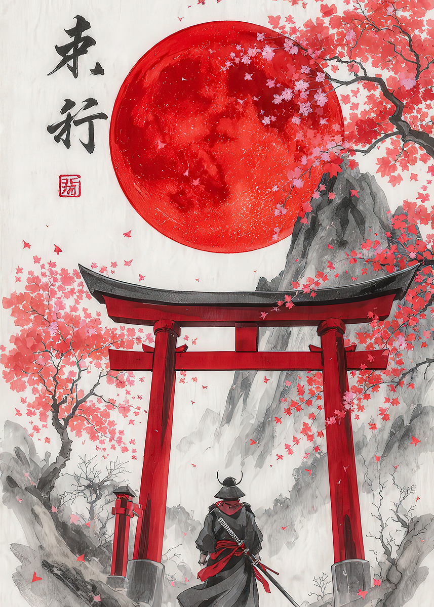 'Samurai under the Red Moon' Poster, picture, metal print, paint by ...