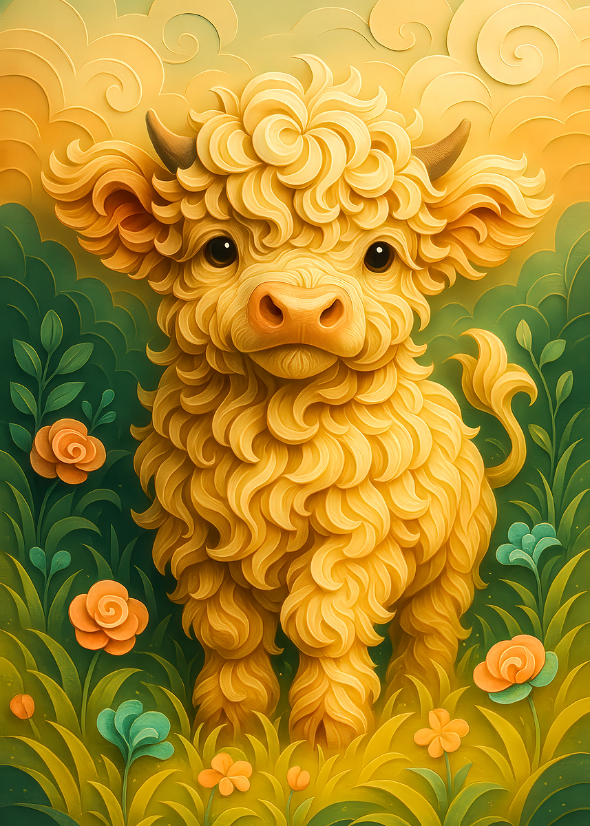 'Cute Yellow Cow in a Meadow' Poster, picture, metal print, paint by ...