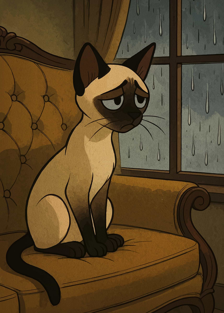 'Sad Siamese Cat on Rainy Day' Poster, picture, metal print, paint by ...
