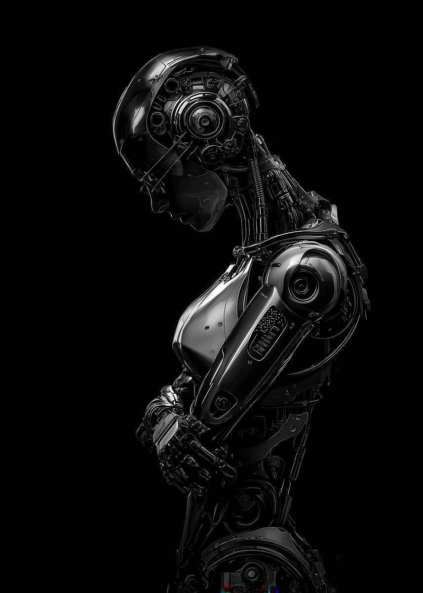 'Monochrome Cybernetic Figure on Black Background' Poster, picture ...