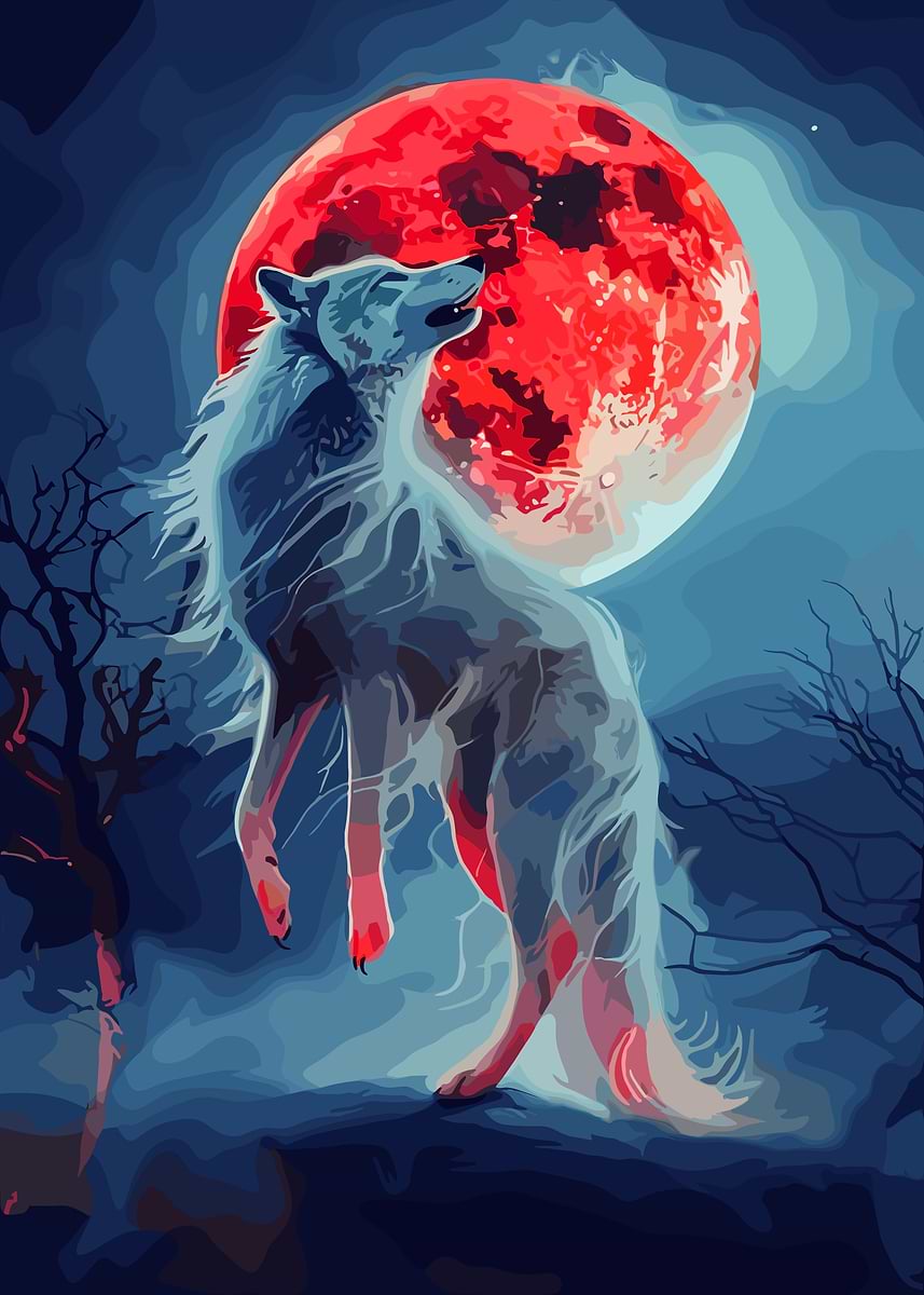 'Wolf Howling at Red Moon' Poster, picture, metal print, paint by ...