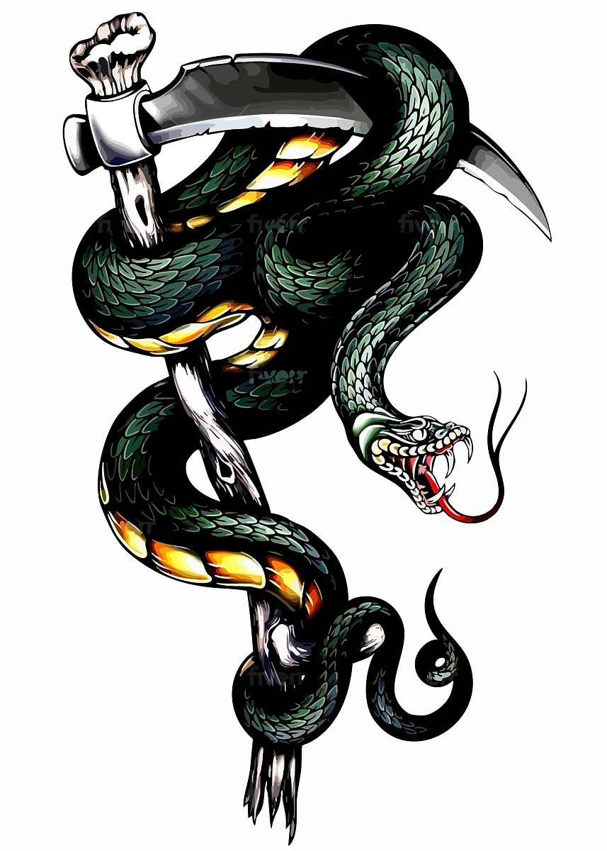 'Snake Wrapped Around Scythe Illustration' Poster, picture, metal print ...
