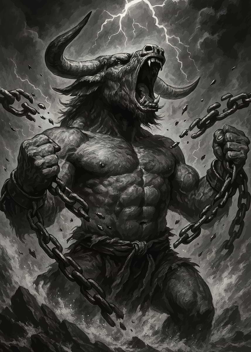 'Minotaur Breaking Chains Storm' Poster, picture, metal print, paint by ...