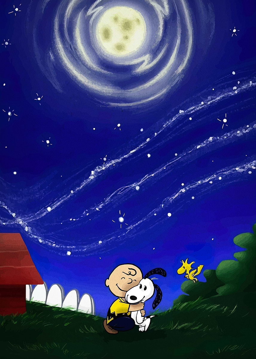 'Charlie Brown and Snoopy under moonlight' Poster, picture, metal print ...