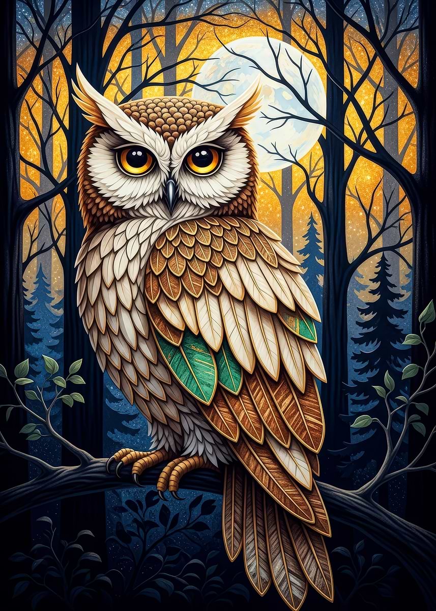 'Owl in Forest at Night' Poster, picture, metal print, paint by ...