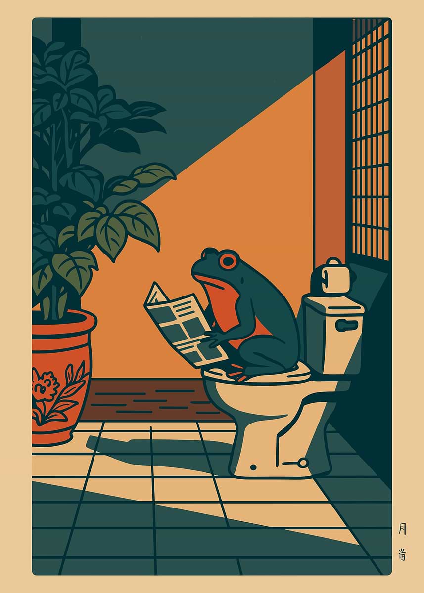 'Frog reading newspaper on toilet' Poster, picture, metal print, paint ...