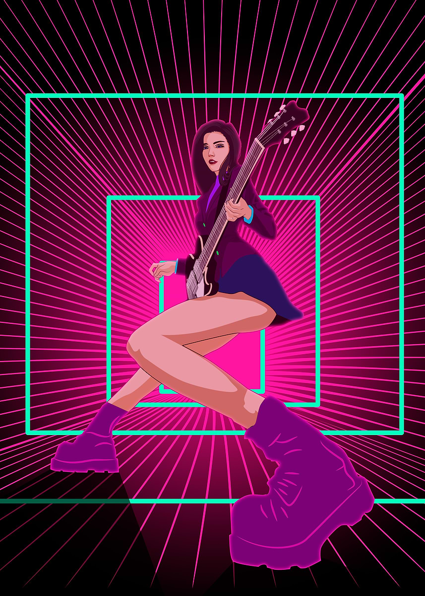 'Guitarist in Neon Retro Style' Poster, picture, metal print, paint by geeks holic | Displate