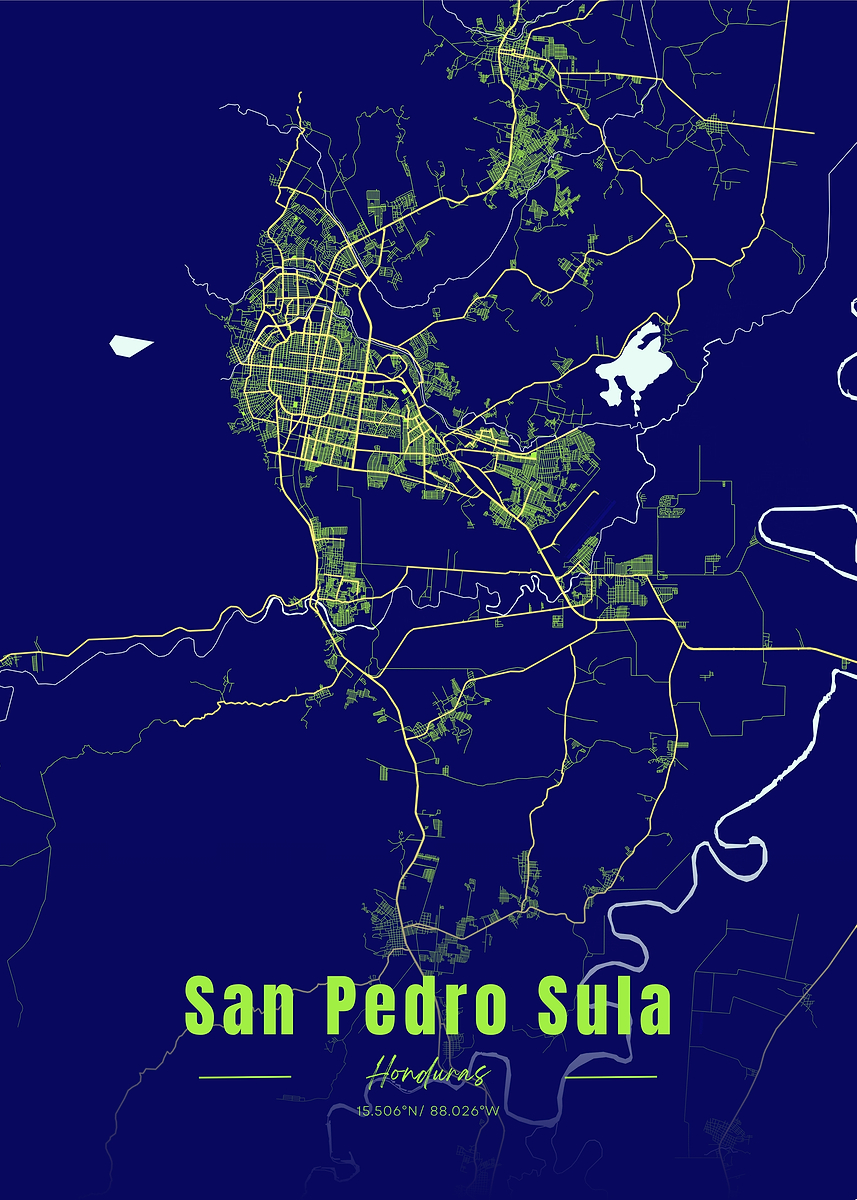 'San Pedro Sula Map' Poster, picture, metal print, paint by Benameur ...