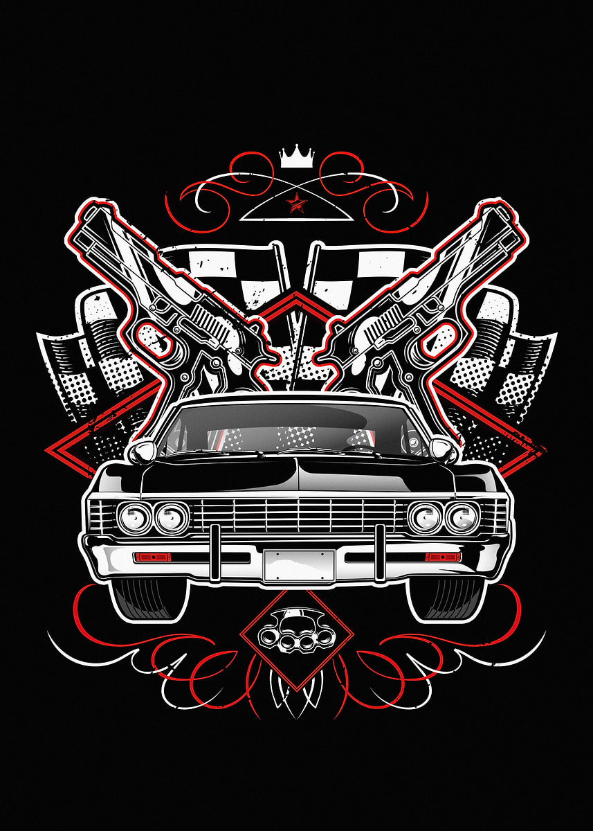 'Classic Car with Guns and Flags' Poster, picture, metal print, paint ...